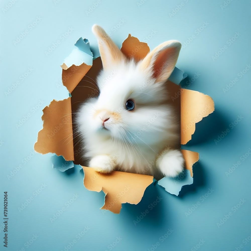 Bunny peeking out of a hole in a blue wall, fluffy eared bunny easter ...