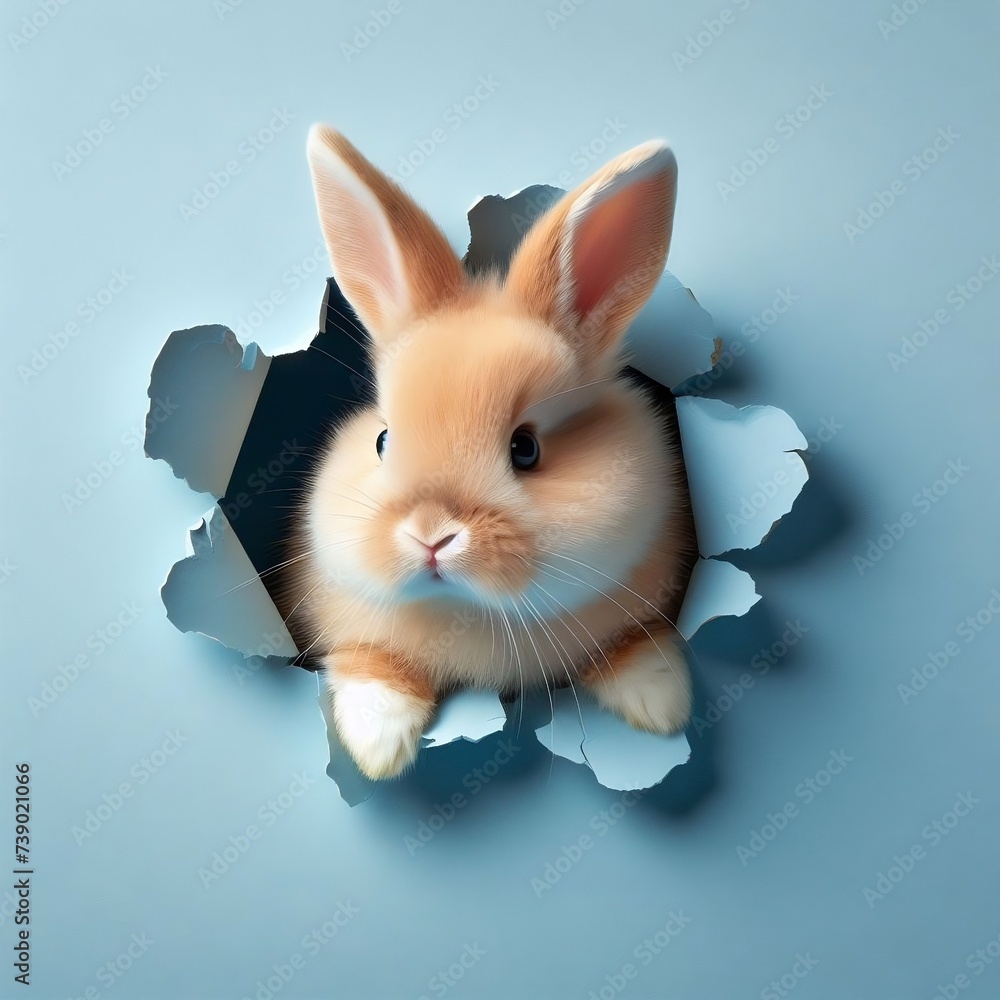 Bunny peeking out of a hole in a blue wall, fluffy eared bunny easter ...