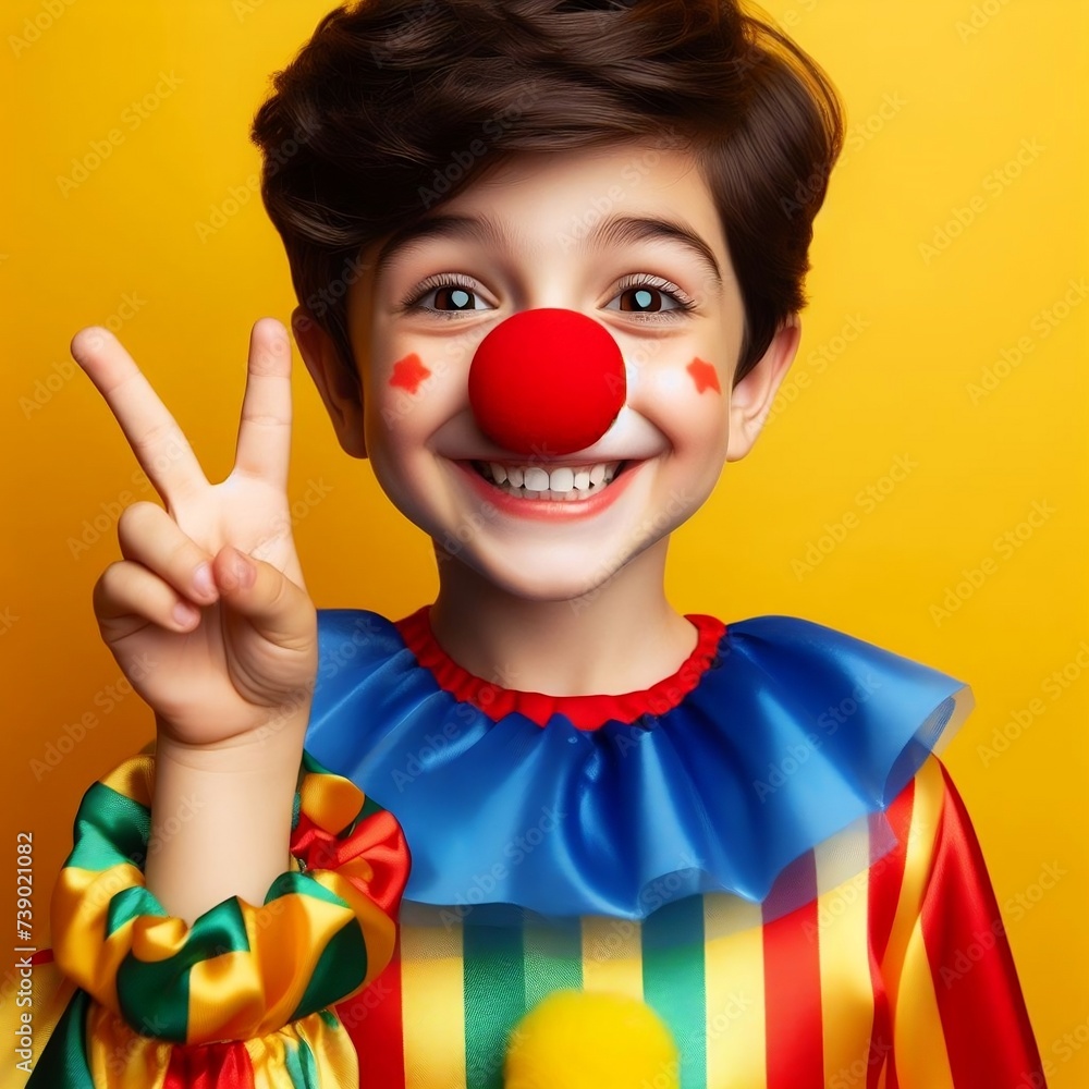 Child clown smile shows a finger copy space area on a yellow background ...