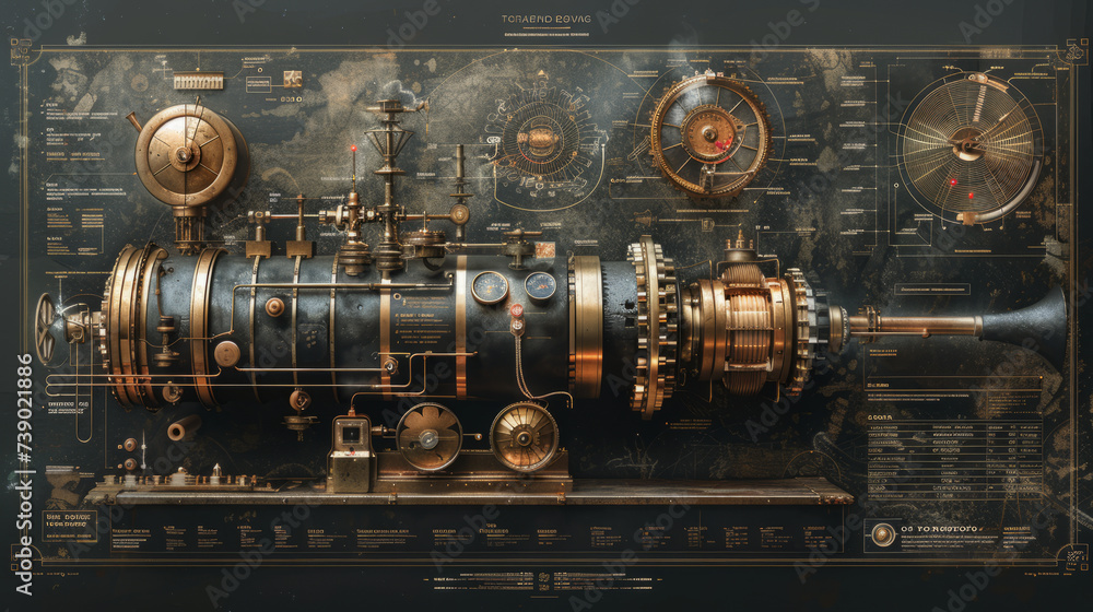 A full page design of spaceship engine, black and bronze paper ...