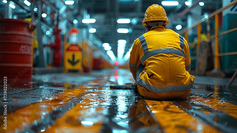 A construction worker experiencing a slip-and-fall accident on a floor ...