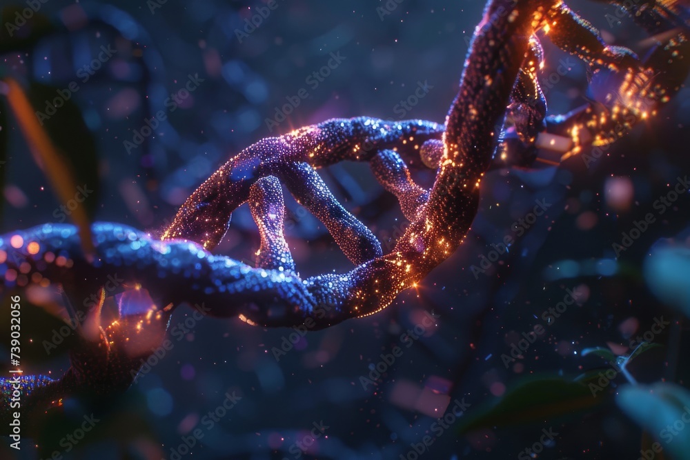 DNA helix strands sparkle with life amidst a cosmic backdrop, embodying ...