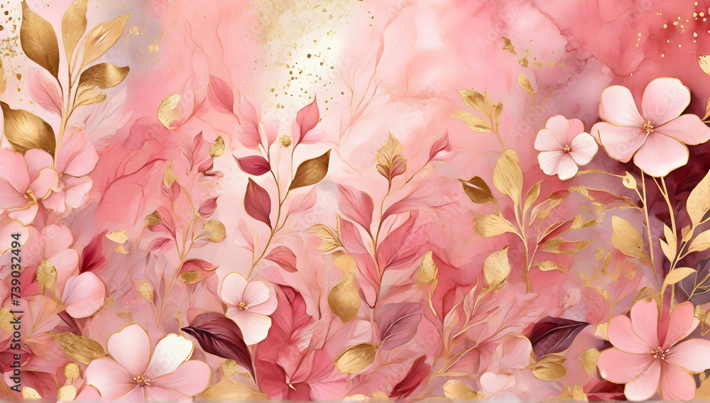 Botanical abstract art pink background. Luxurious wallpaper with ...