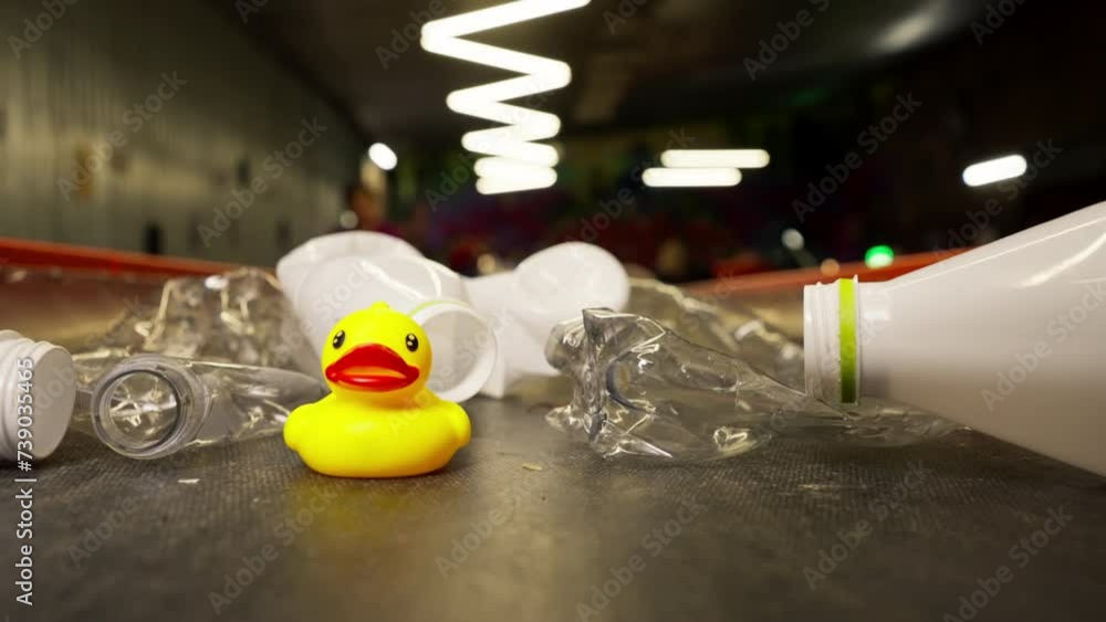 Close up of used plastic and paper waste yellow little toy duck rides ...
