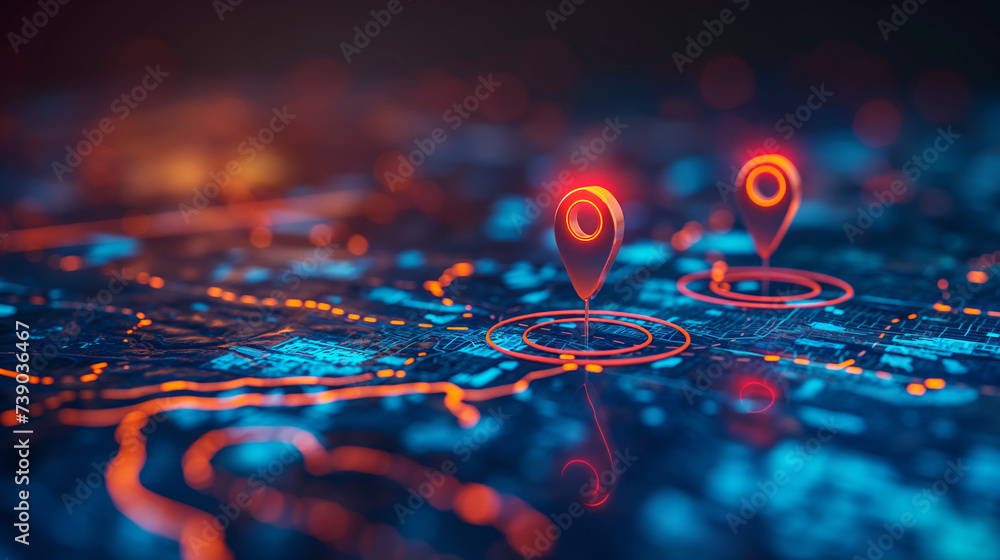 Location on map with two pins. GPS track path concept in xray view with warm and cold lights at ...