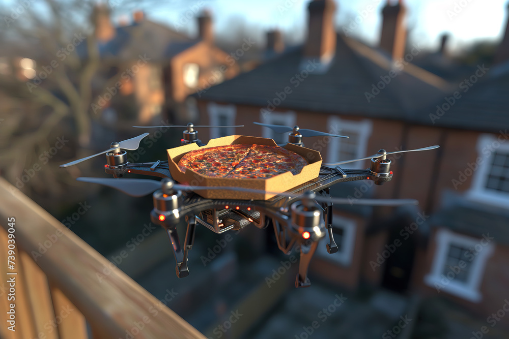 Drone food delivery, UAV flying and carrying a pizza box - parcel ...