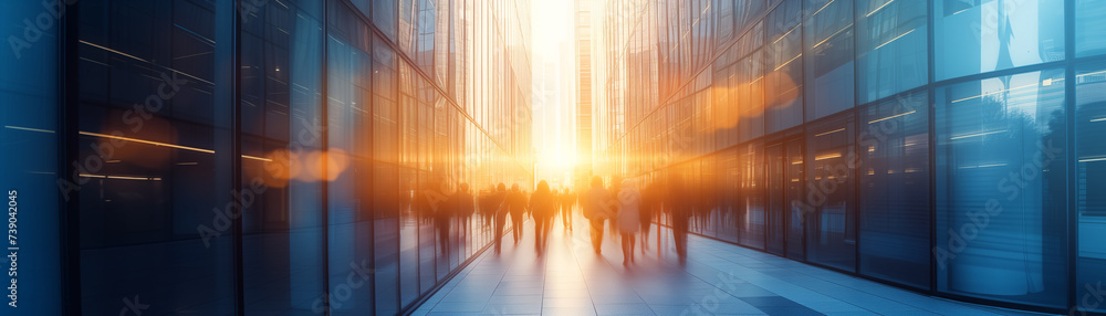 City employees commuting at sunset, silhouetted against the glowing ...
