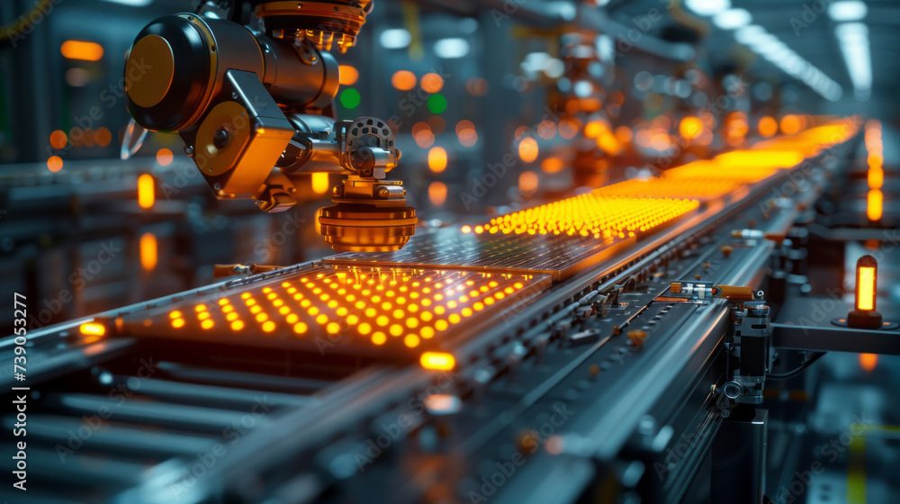 Solar panel placed on conveyor belt, operated by automatized robot arm ...