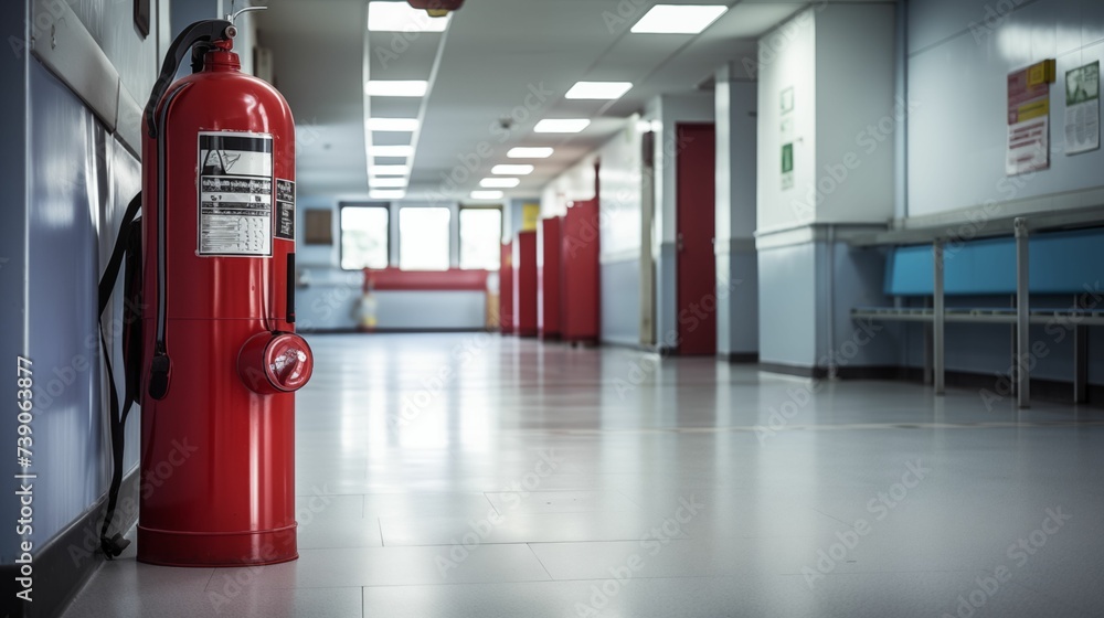 Fire extinguisher positioned at the corner of a corridor. Stock ...