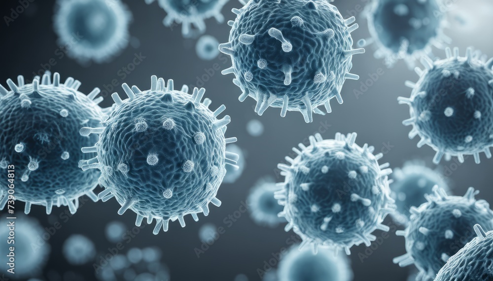 Viral particles in 3D rendering, illustrating the microscopic world of ...