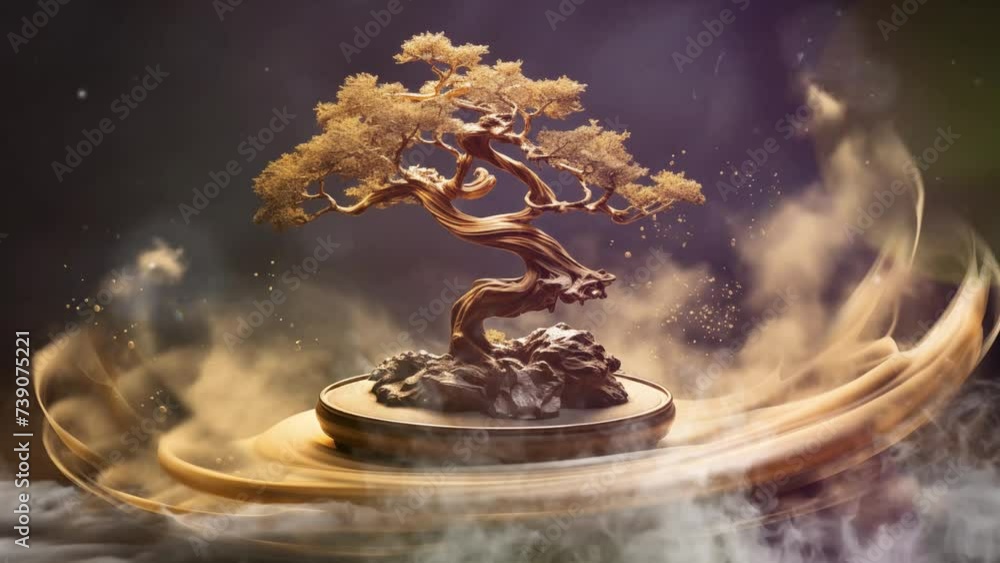 zen bonsai tree emerging from swirling smoke. seamless looping overlay ...