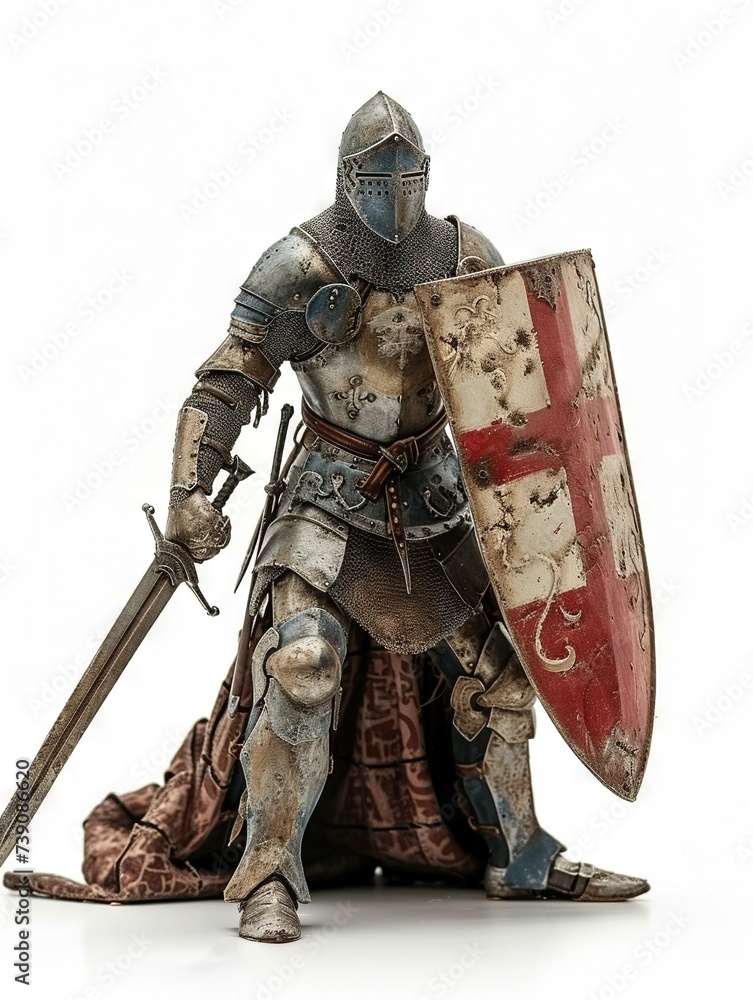 A knight in armor with a shield and sword. A stoic knight stands tall ...