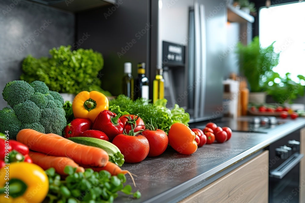 Contemporary kitchen front view, fresh vegetables just bought in a ...