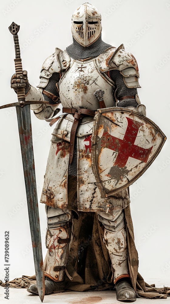 A knight in armor with a shield and sword. A stoic knight stands tall ...