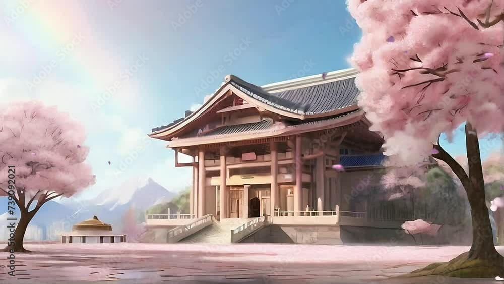 A typical Japanese palace building with cherry blossoms in the ...