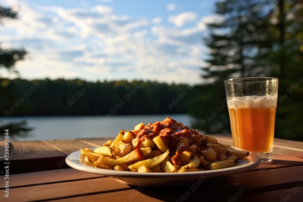 Canadian poutine on a lakeside deck with maple trees. Stock ...