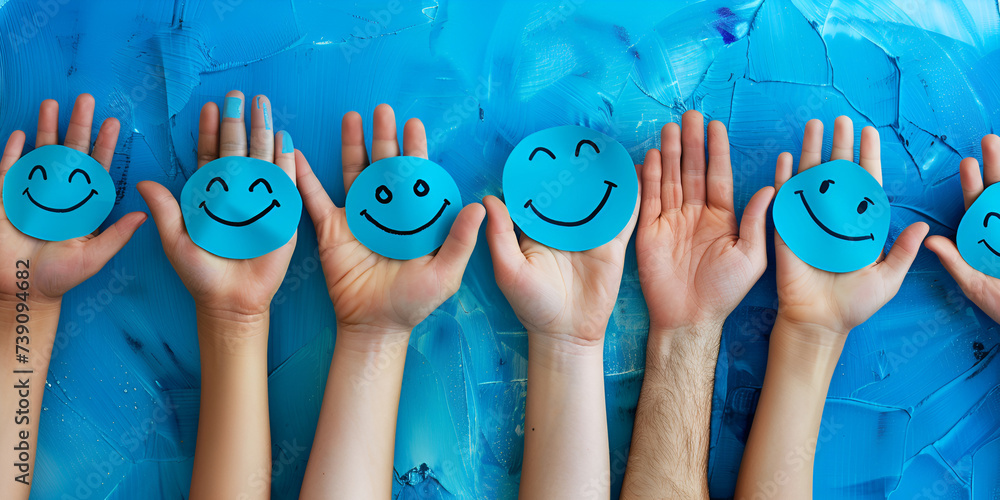 Women hands holding happy face smile face icon on blue object Customer ...