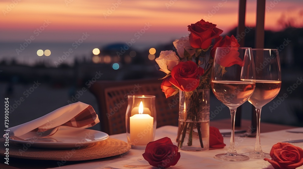Luxury romantic candlelight dinner table setup for couple in ocean view ...