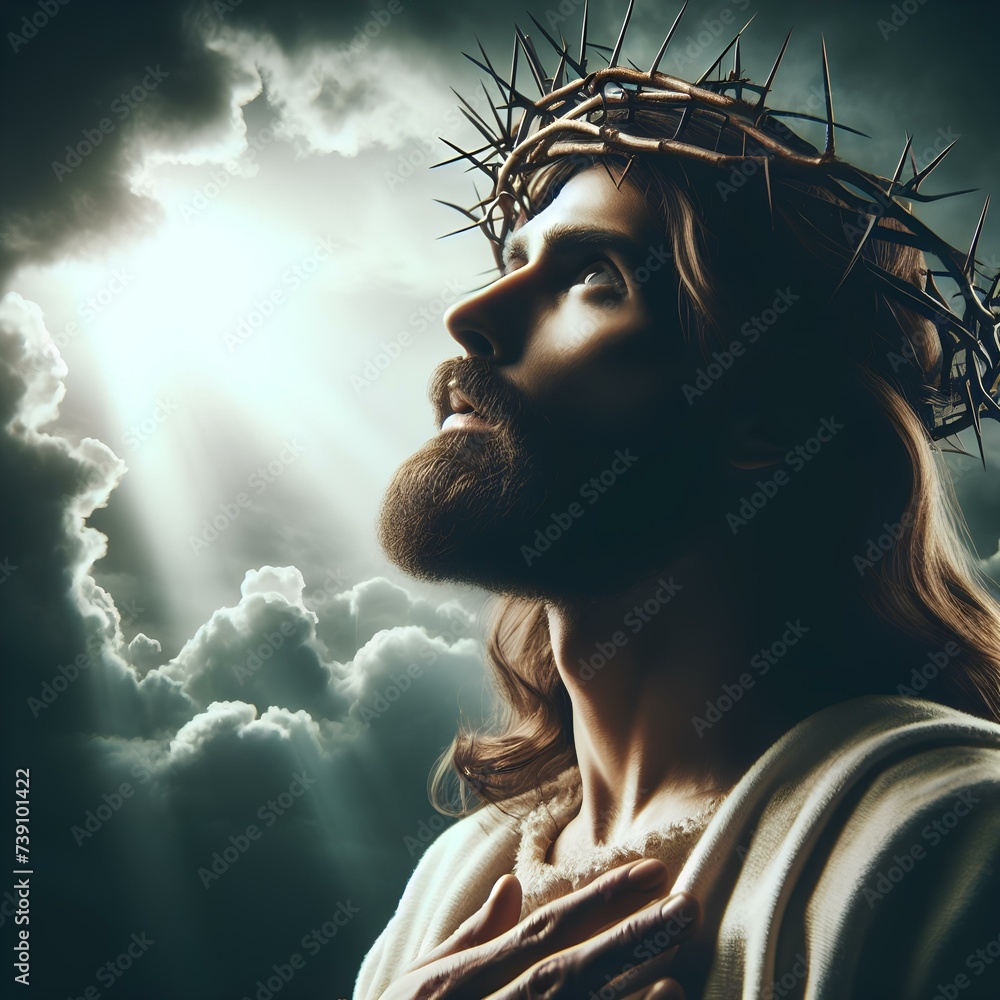 Jesus Christ wearing a crown of thorns is looking up towards God and ...