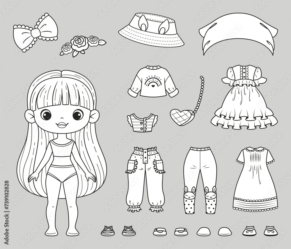 Vector illustration of paper doll with clothes for coloring page Stock ...