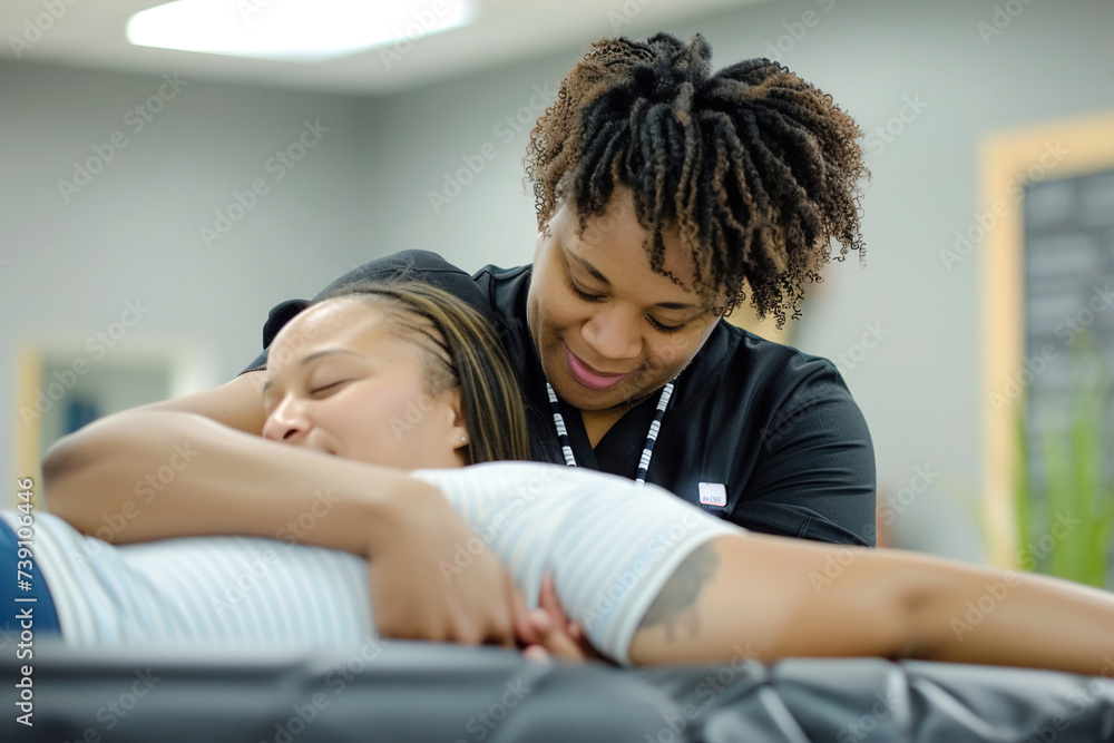 A physiotherapist administers trigger point therapy to a patient's ...