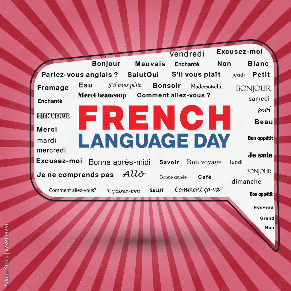 French Language Day design with a dialog box of French basic words ...