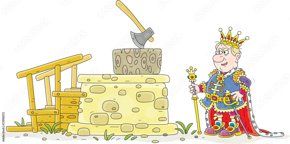 Angry king with a wicked grin near an execution block with an ax and a ...