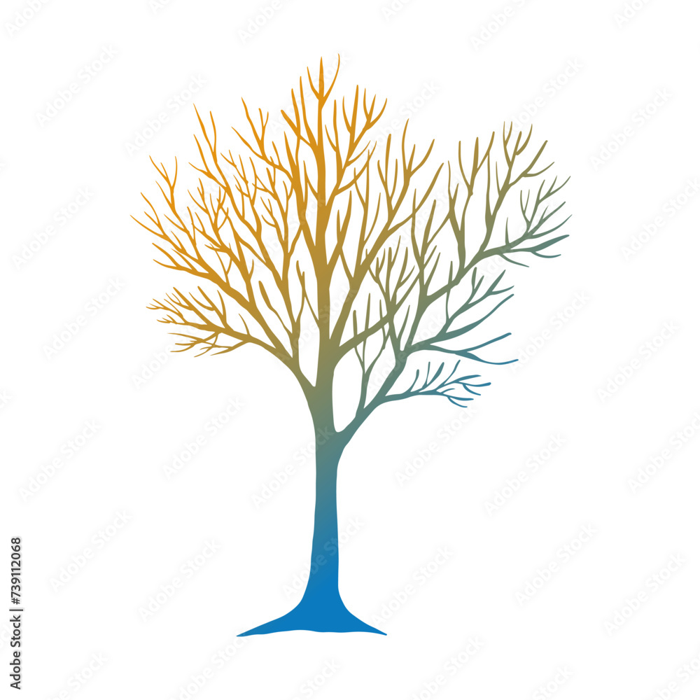 Leafless winter tree. Hand drawn colourful sketch. Line art. Black and ...