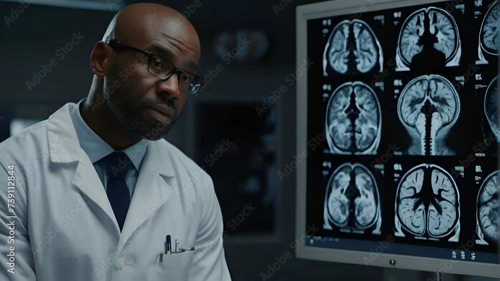 Black man Neurologist Looks at Screen with MRI Scan and diagnose Stock ...