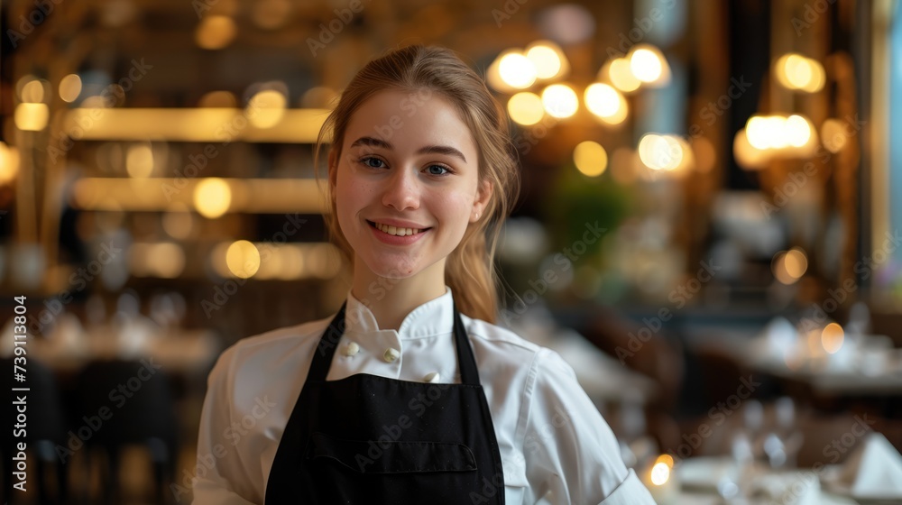 waitress woman in uniform serve and get order in luxury restaurant ...