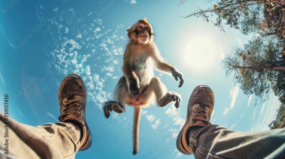 A monkey attacks a man. An ape animal jumps on a person against the sky ...