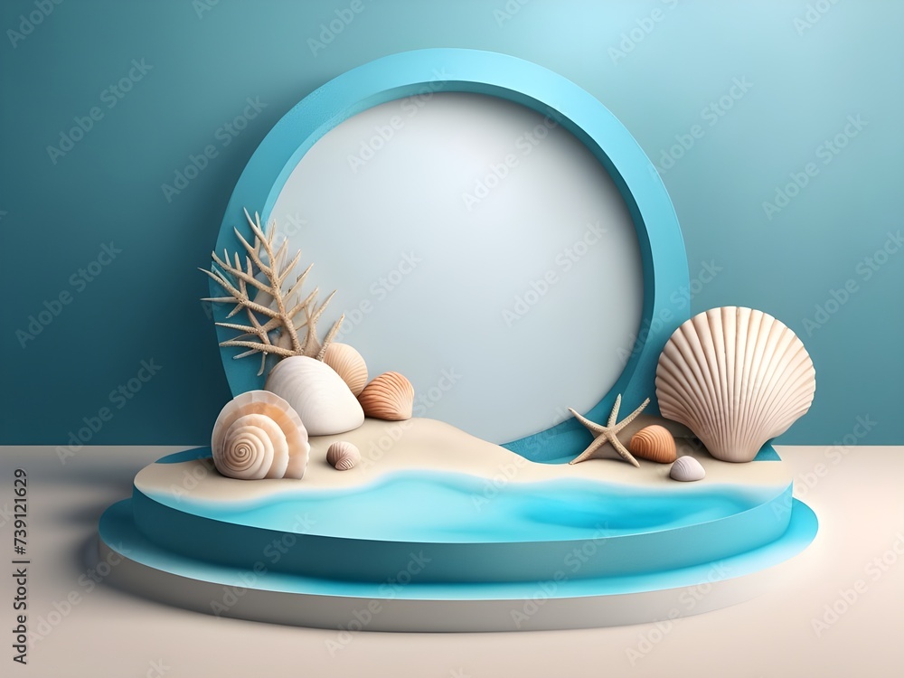 sea theme blue color round empty 3D podium product display stage in ...