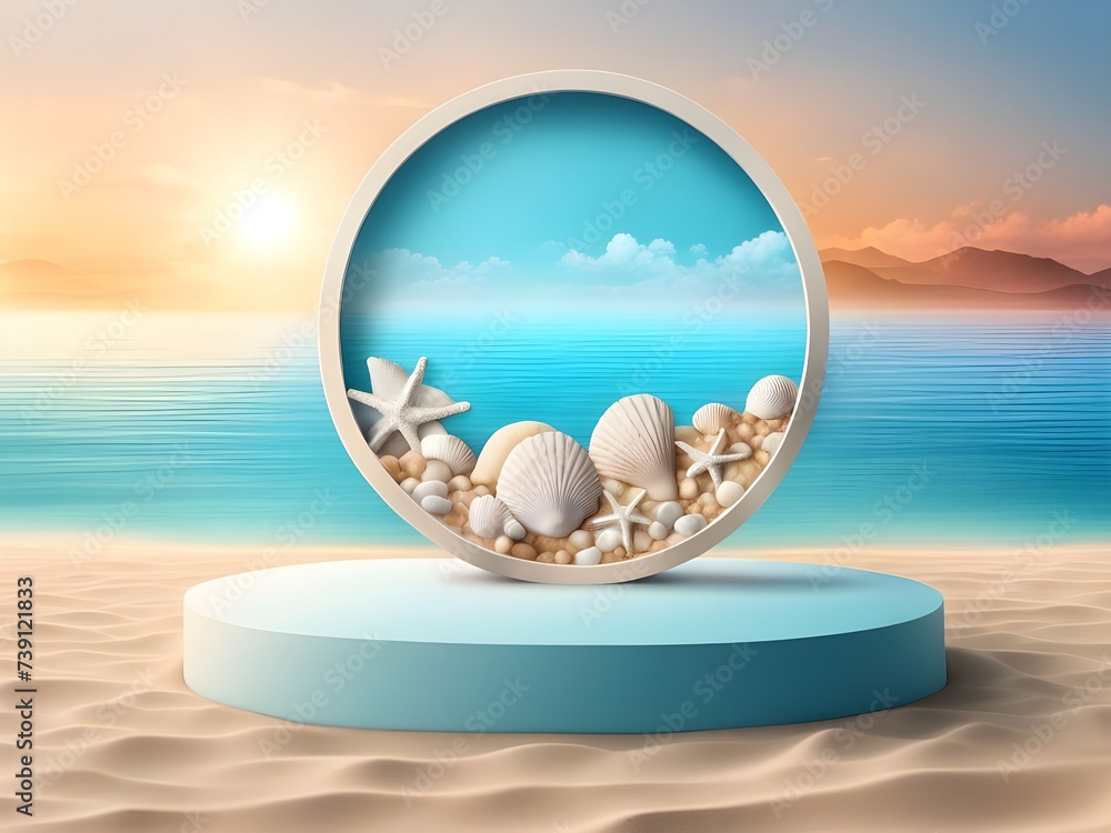sea theme blue color round empty 3D podium product display stage in ...