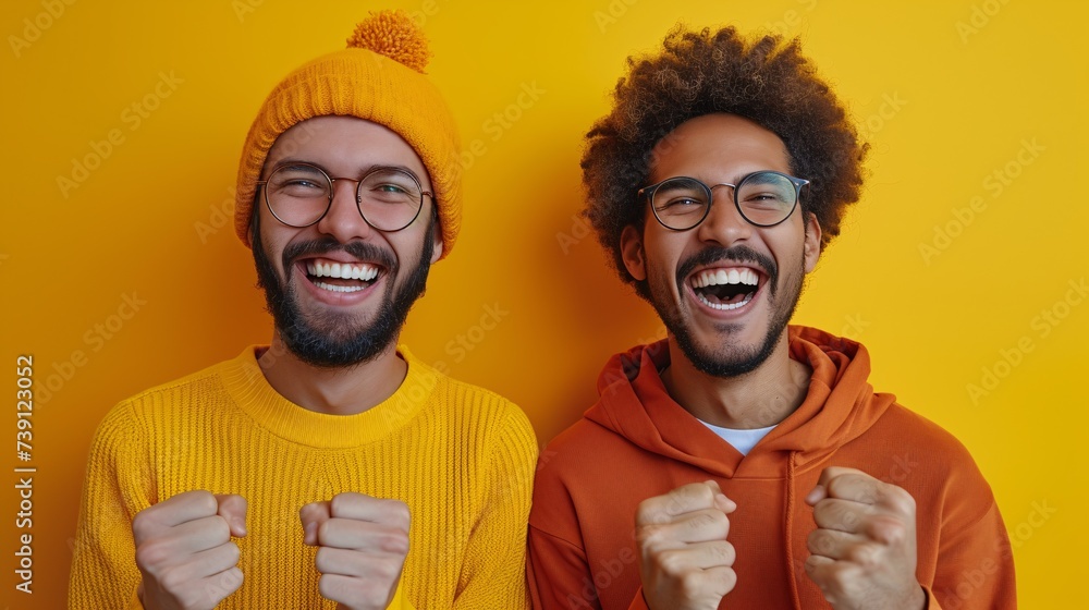 Two exuberant young men celebrating in a portrait against a yellow ...