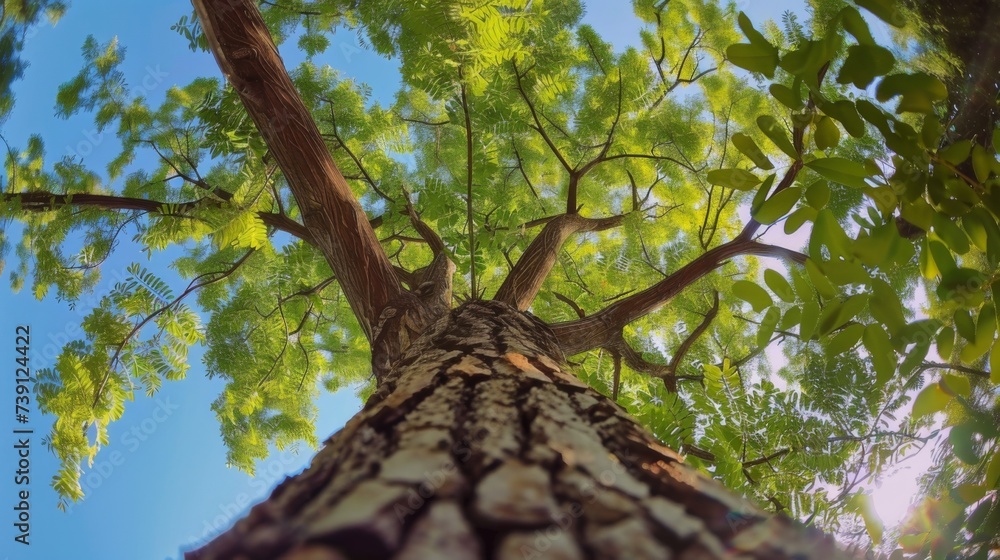 Large tree view from below. Closeup tree trunk with bark and branches ...