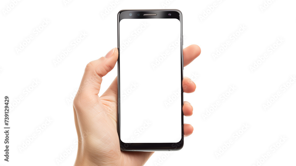 Smartphone with hand, white screen, front view, and white background ...