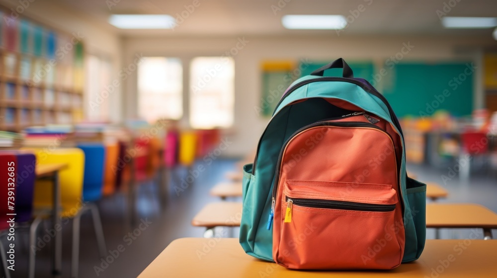 3D Backpack with books on top of a desk in a school classroom Stock ...