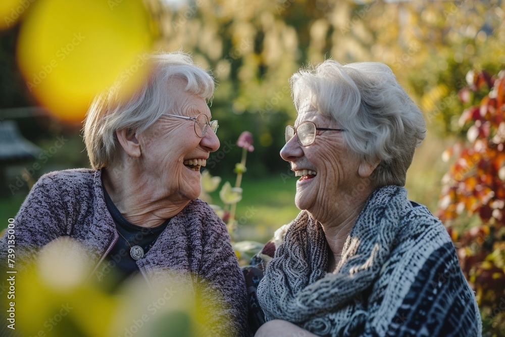 Zwei Rentnerinnen lachen zusammen, sie sitzen im Garten Stock Photo ...