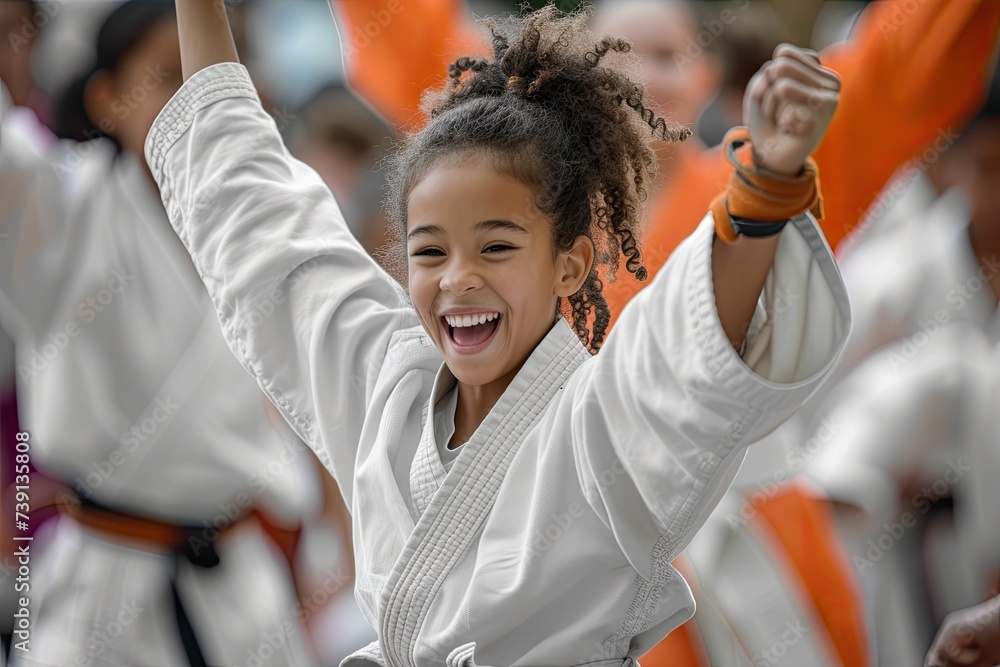 In a poised stance, a female martial artist extends her arms ...