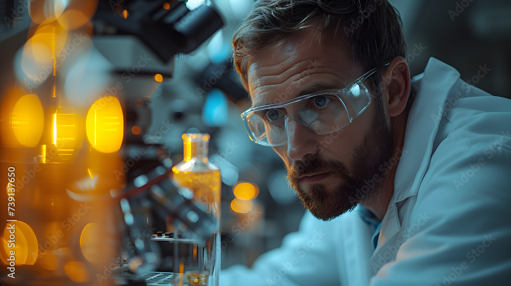 Serious scientist focusing on experiments with microscope in ...