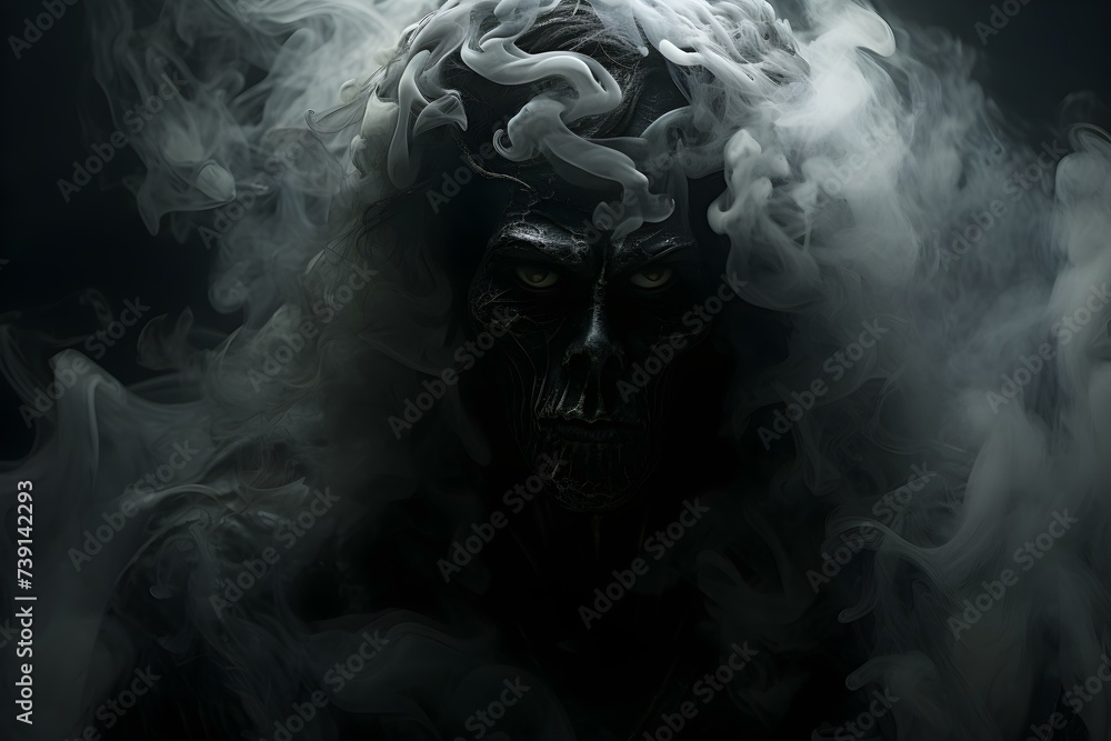 Dark and foreboding an ominous face wreathed in smoke emerges. Concept ...