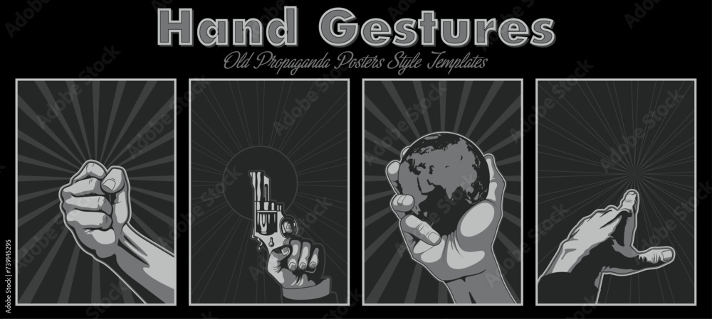 Hand Gestures Old Propaganda Posters Style Illustrations. Fist, Handgun ...
