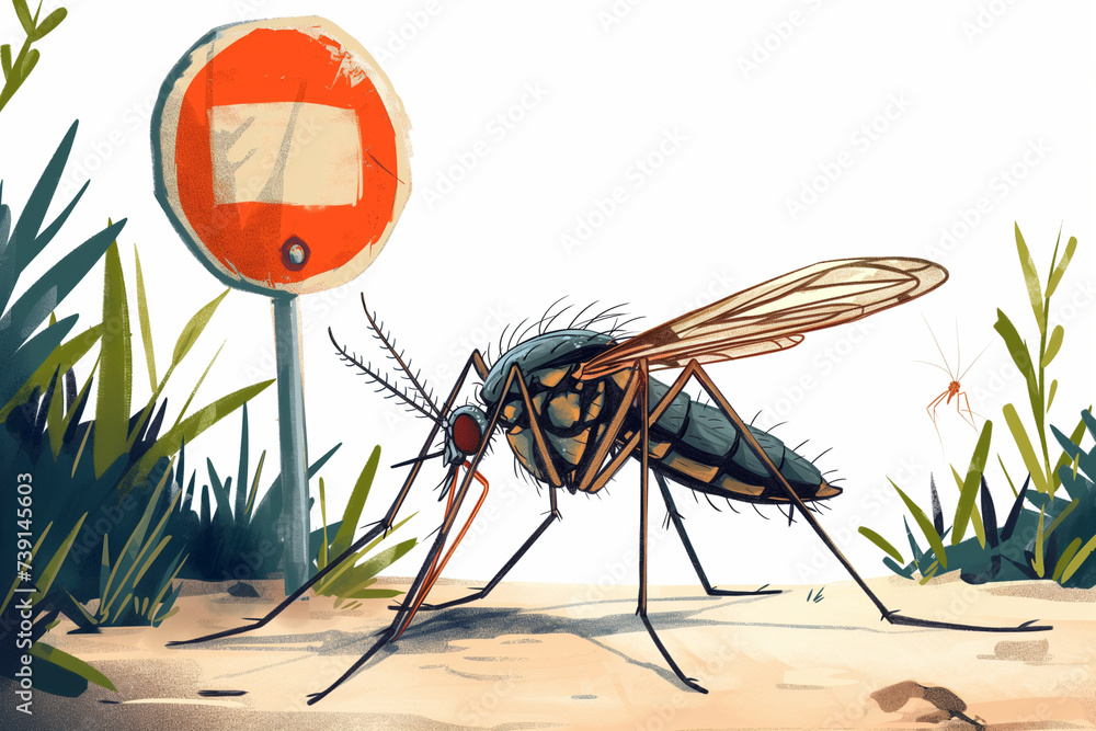 A flat cartoon red warning sign no entry and Mosquito , poster,banner ...