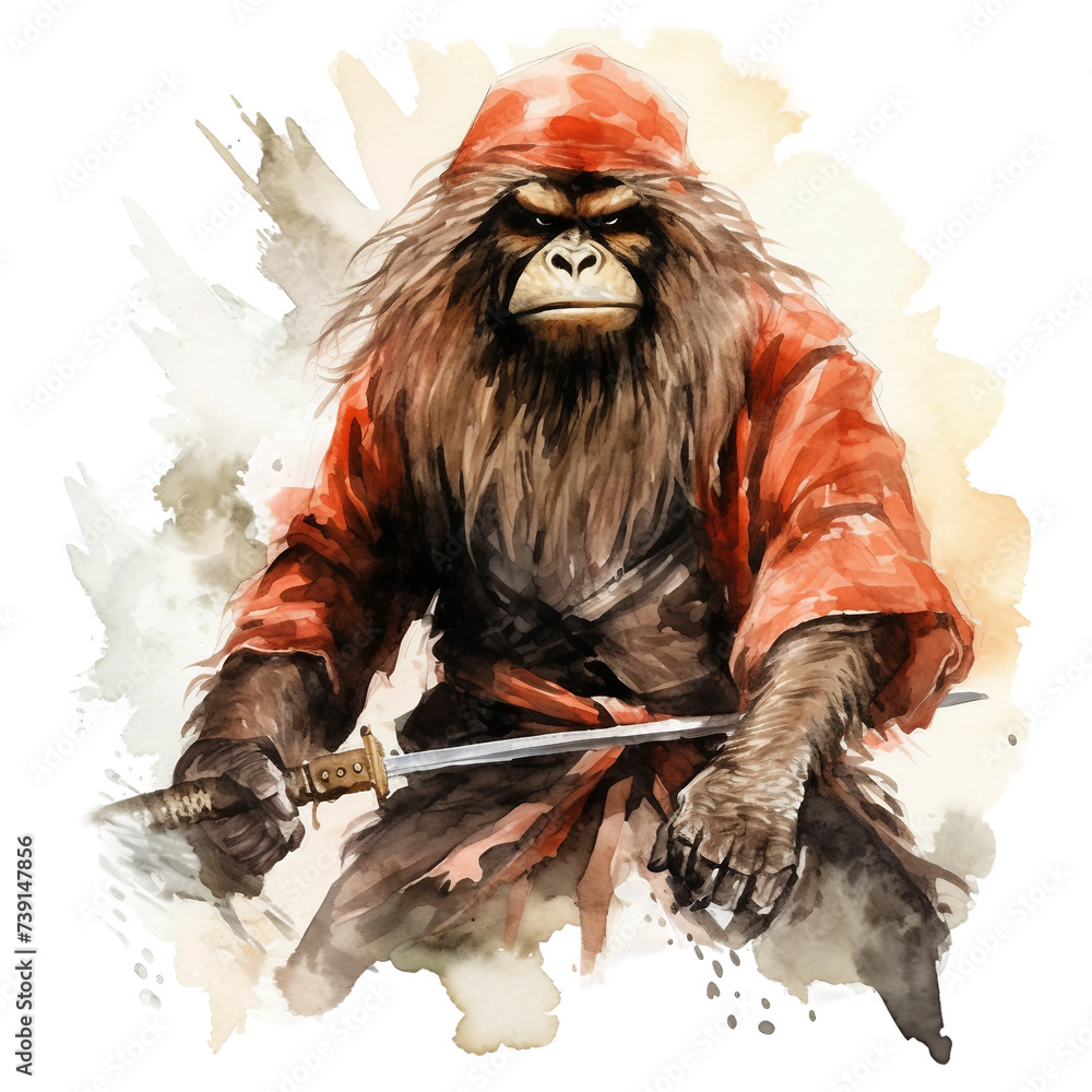 Sasquatch Ninja: With katana and mask, watercolour style on white ...