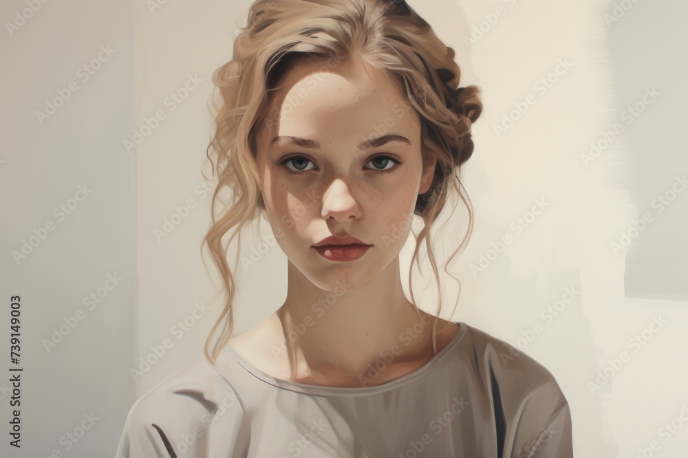 In this background image, a female model maintains neutral facial ...