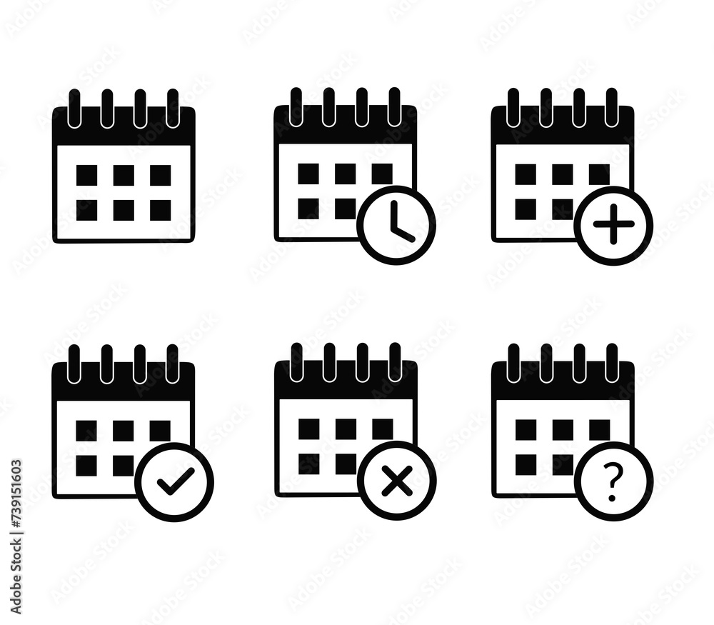 collection of calendar icons with time marks, add, tick, cross and ...