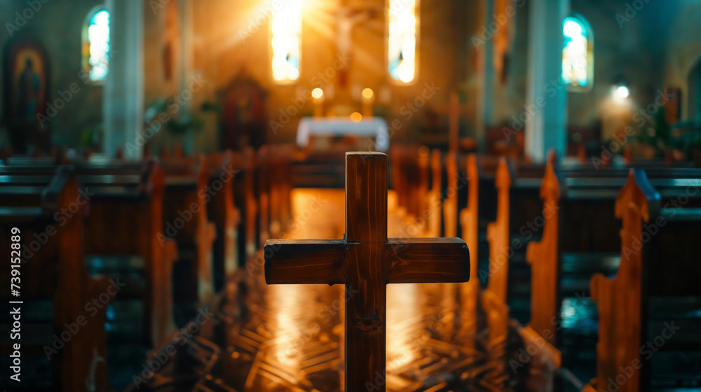 Peaceful Church Interior, Focused Wooden Cross, Receding Pews, Altar ...