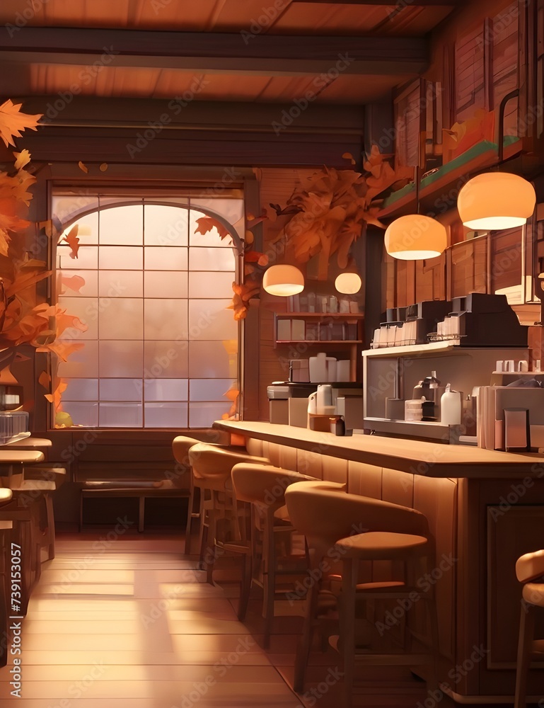 autumn night cafe wood interio twitch zoom vtuber asset obs screen ...