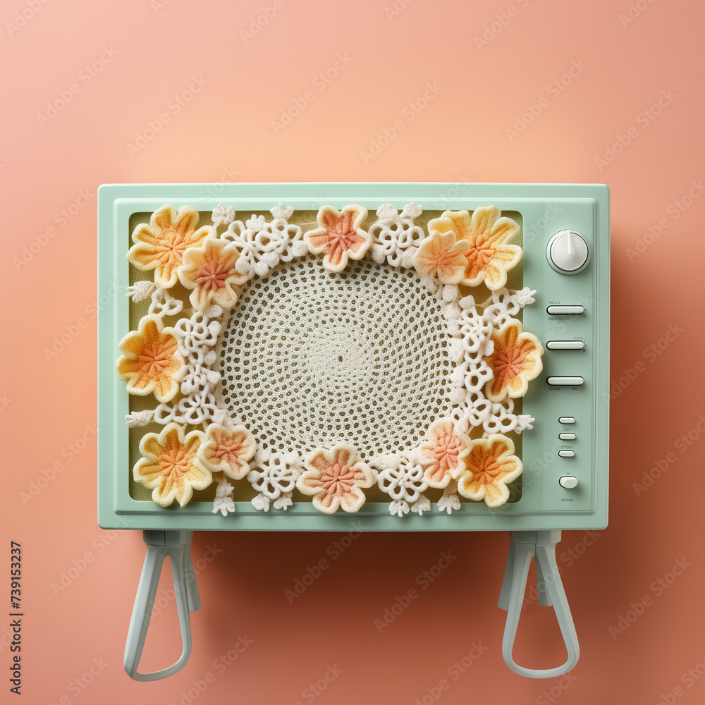 Retro tv with a doily over screen on pastel background Stock Photo ...