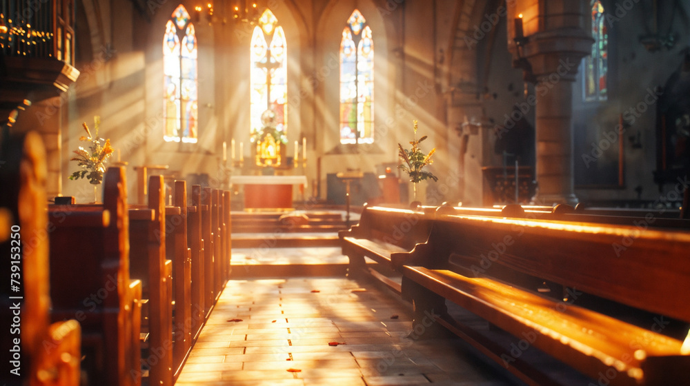 Sunlit Church Interior Featuring Stained Glass Windows, Lent Season ...
